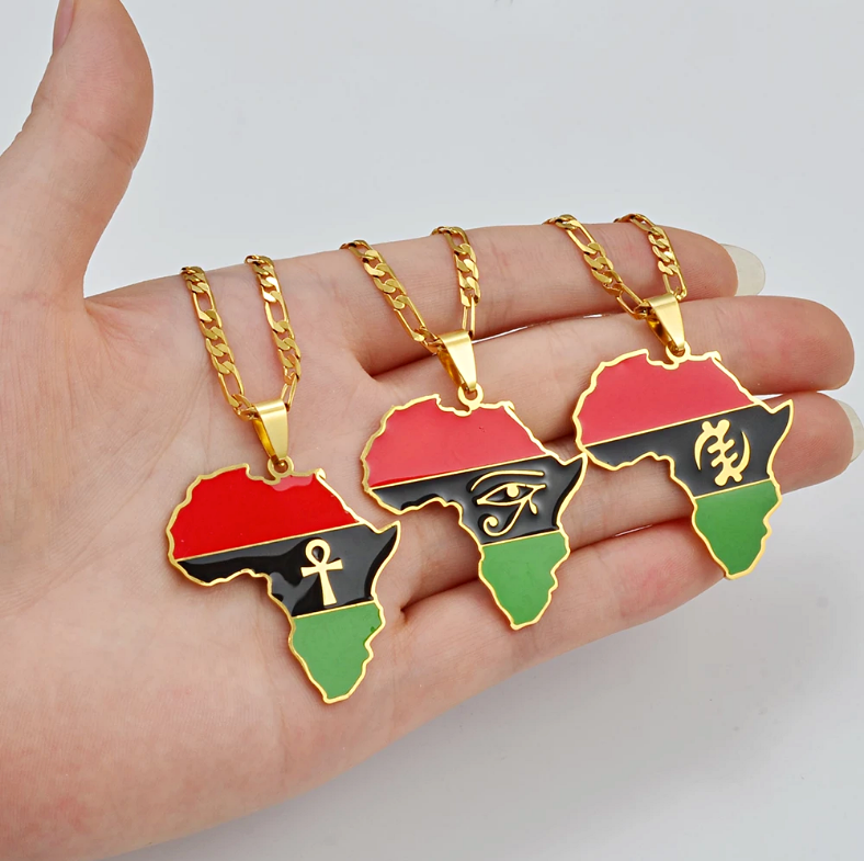 African Map with Egyptian Symbol Pendant Necklace